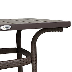 Outsunny 3 PCS Rattan Wicker Bar Set with Wood Grain Top Table and 2 Bar Stools for Outdoor, Patio, Poolside, Garden, Brown