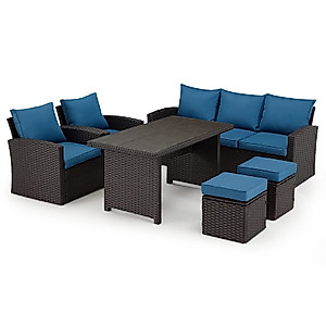 HOMREST 6 Pieces Patio Furniture Sets Clearance, Patio Dining Sofa Set Outdoor Sectional Sofa Conversation Set All Weather Wicker Rattan Couch Dining Table & Chair (Blue)