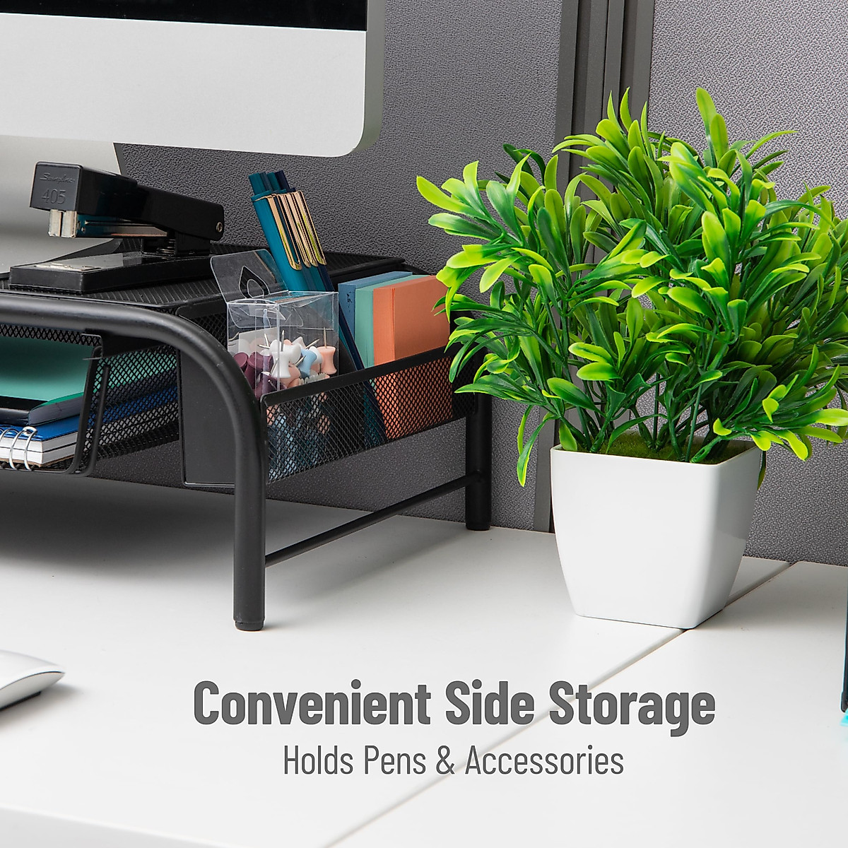 Mind Reader Monitor Stand, Ventilated Laptop Riser, Paper Tray, Storage, Office, Metal Mesh, 20"L x 11.5"W x 5.5"H, Black