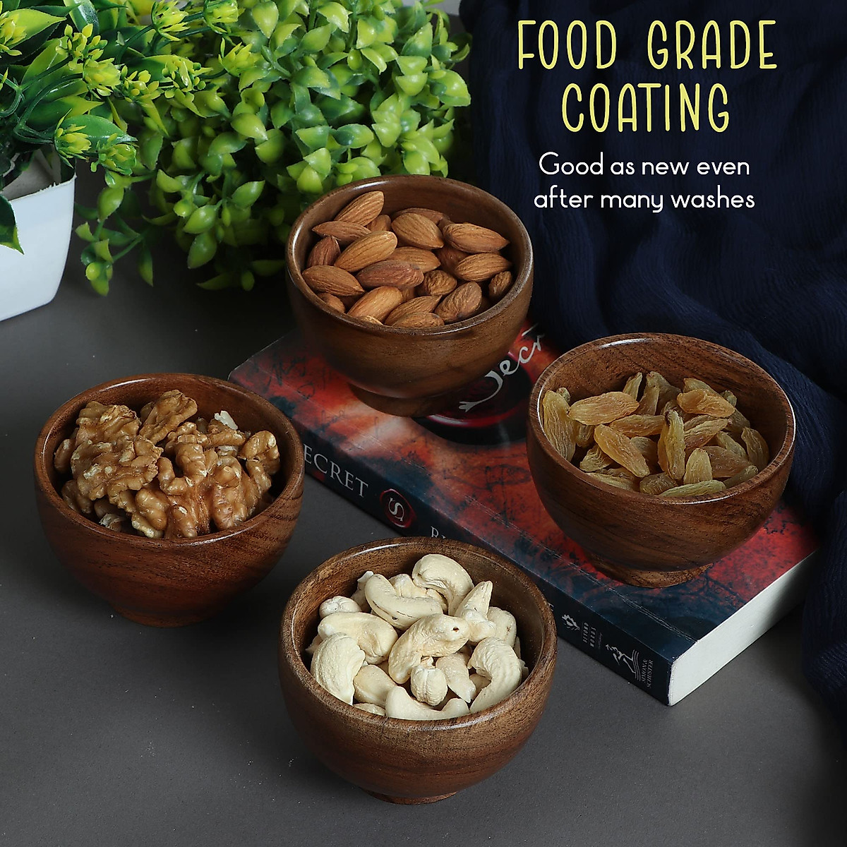 LAVAUX DESIGNS Set of 3 Acacia wood small bowls 4 fl oz | 3.25 * 2 inches | hand carved wooden Kitchen cups for serving dips, sauce, nuts, candy and condiments | Cute mini cups