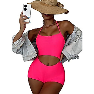 WDIRARA Women's Criss Cross Backless Ruched One Piece Swimsuit Monokini Swimwear Watermelon Pink M