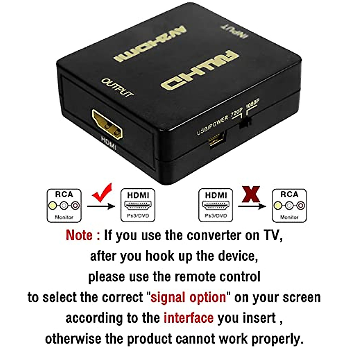 RCA to HDMI, AV to HDMI 1080P Converter , Golden Port Video Converter Composite CVBS Audio Video Adapter for PS2 Wii Xbox VHS VCR Camera DVD Players, Wii, Wii U, Support PAL/NTSC with USB Charge Cable