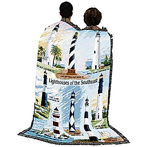 Lighthouses of the Southeast Blanket - Key West Cape Hatteras Sapelo Tybee Harbor Lookout Canaveral Hunting Island - Coastal Ocean Gift Tapestry Throw Woven from Cotton - Made in the USA (72x54)