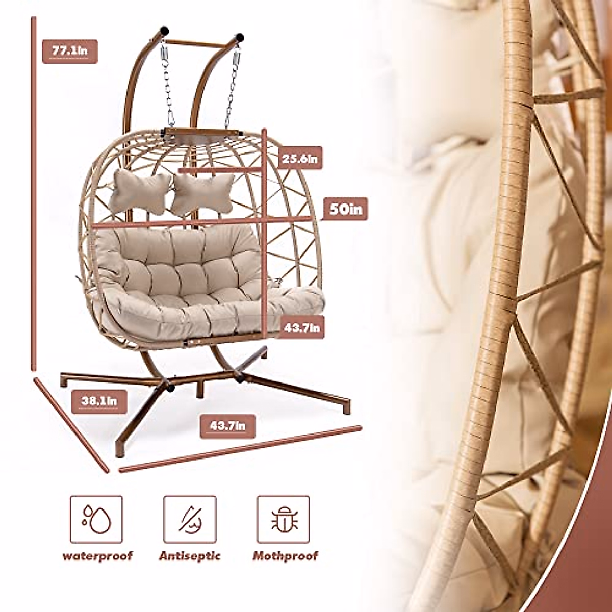 BULEXYARD Outdoor Double Swing Egg Chair with Stand for Bedroom, Indoor 2 Person Hanging Chair Foldable Twins Patio Chair, Large Hand-Woven Wicker Garden Loveseat Hammock Chair w/Cream Thick Cushion