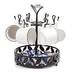 ALLCENER Mug Tree Countertop, Rotatable Mug Holder Stand, Coffee Pod Holder with Mug Rack, Coffee Mug Rack with 6 Hooks for Coffee Bar Counter Cabinets and Kitchen Organizer