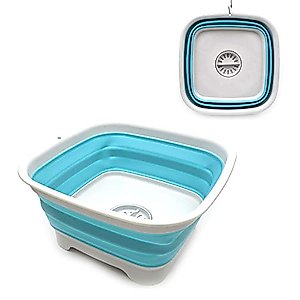 SAMMART 9.3L (2.46Gallon) Collapsible Dishpan with Draining Plug - Foldable Washing Basin - Portable Dish Washing Tub - Space Saving Kitchen Storage Tray (1, Grey/Bright Blue)
