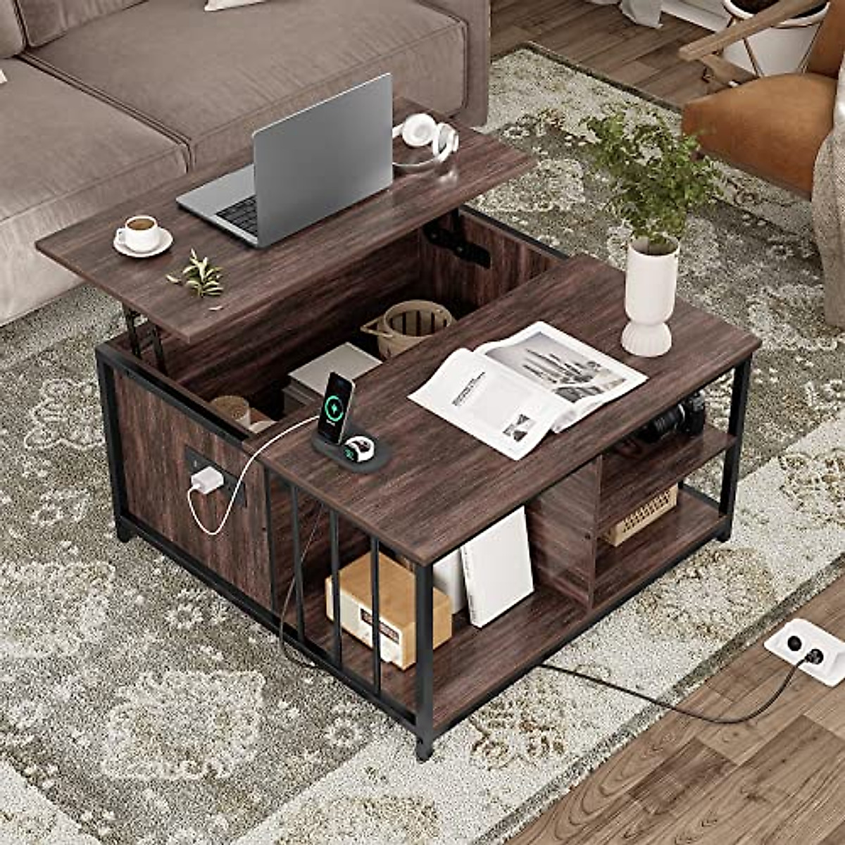 AOGLLATI Lift Top Coffee Table with Storage and Hidden Compartment, Farmhouse Square Coffee Table with Charging Station, Wood Lift Tabletop Central Table for Living Room, Reception Room, Retro Brown