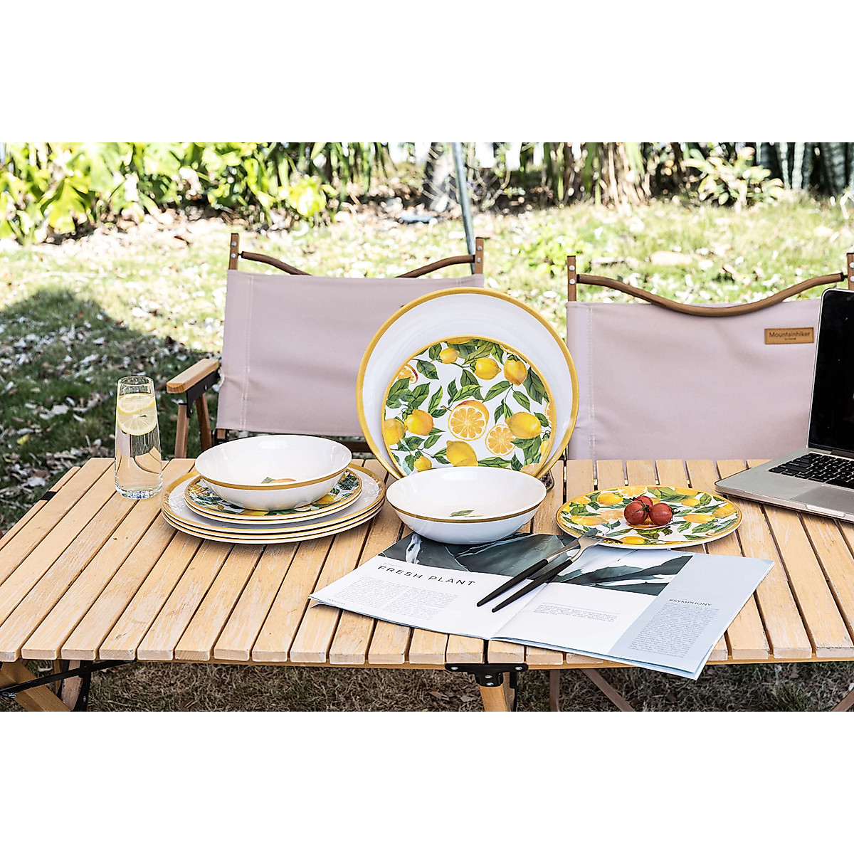 Melamine Dinnerware Sets- 12pcs Melamine Plates and Bowls Set for 4,Indoor and Outdoor Dinnerware, Lemon dinnerware set