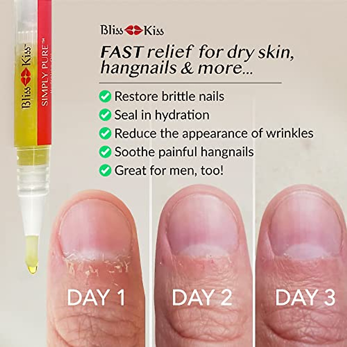 Bliss Kiss | 1 Crisp Fragrance | Nail Oil Cuticle Pen w/Vitamin E & Jojoba⏤Nail Strengthener Nail Growth Treatment for Brittle Peeling Breaking Thin Nails