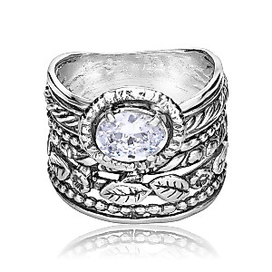 925 Sterling Silver Ring with White Cubic Zirconia Oval Shape Prong Multiple Bands Rich Stack Look Hypoallergenic, Nickel and Lead-free, Artisan Handcrafted Designer collection, Made In Israel
