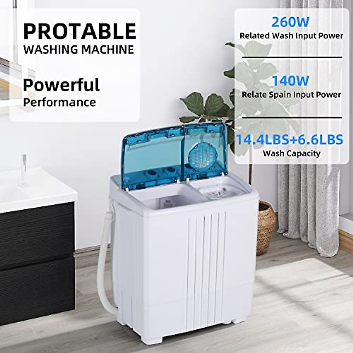 GRAVFORCE Portable Washing Machine, Mini Twin Tub Washer and Dryer Combo, 21lbs Capacity Washer(14.4Lbs) and Spinner(6.6Lbs), w/Built-in Gravity Drain for Camping, Apartments, Dorms, RV’s (Blue)