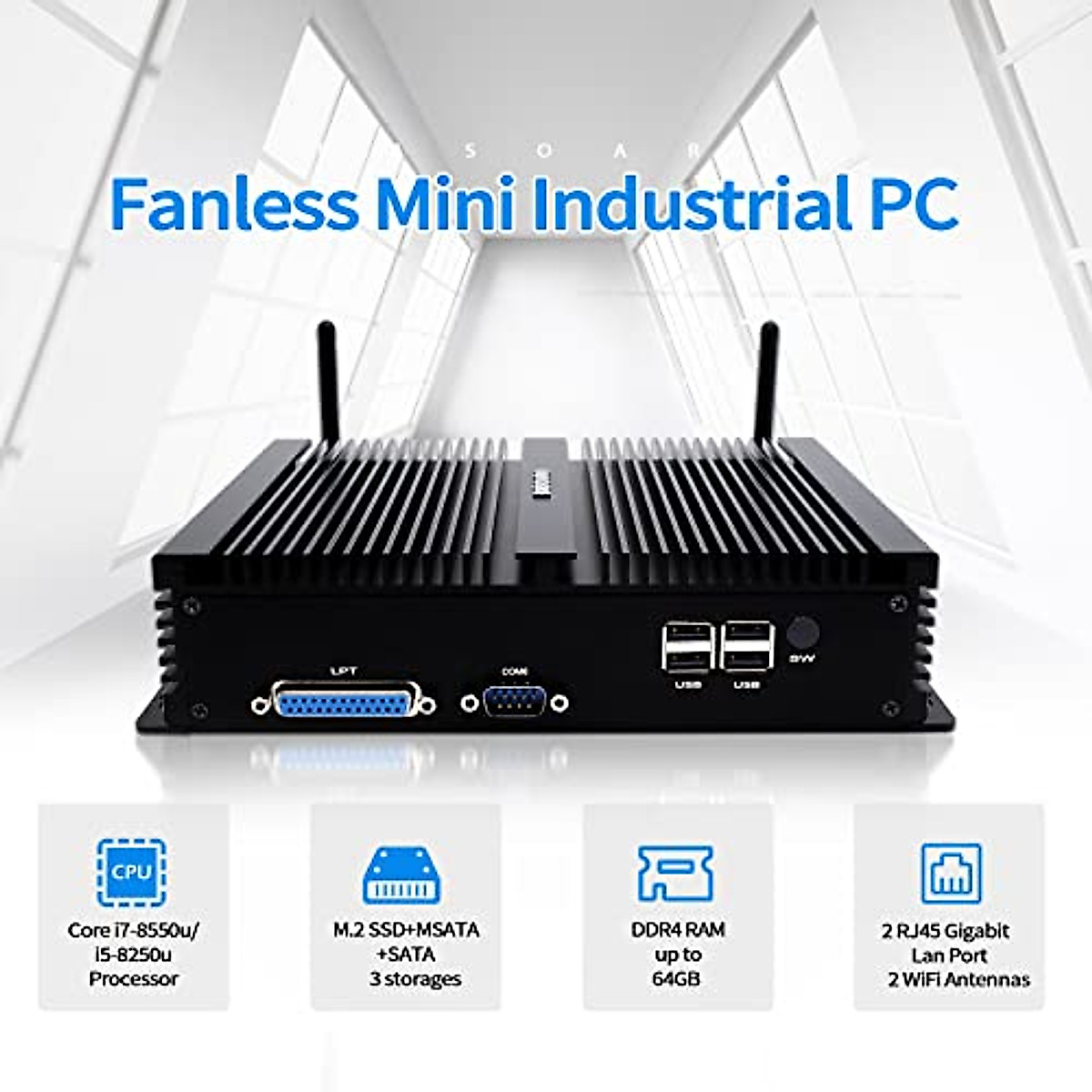 BASOARO Mini Industrial Fanless Desktop PC, Tiny Desktop Computer i7 8550U, 64G RAM 512G SSD 1TB HDD, Mini PC Dual RJ45 LAN, DP/EDP/HD, LPT, 6 RS232 COM, WiFi, BT, Windows 11 Pro/Linux