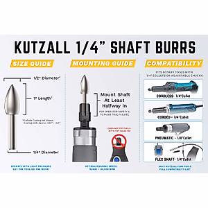 Kutzall Original Flame Rotary Burr, 1⁄4" Shaft, Coarse - Woodworking Attachment for Bosch, DeWalt, Milwaukee, Makita. Abrasive Tungsten Carbide, 1⁄2" (12.7mm) Dia. x 1" (25.4mm) Length, FL-12