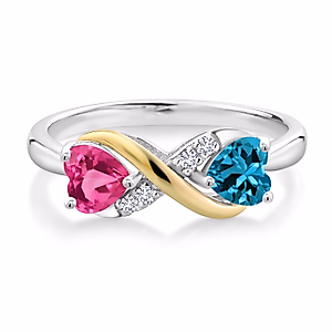 Gem Stone King 925 Sterling Silver and 10K Yellow Gold Pink Created Sapphire London Blue Topaz and White Lab Grown Diamond Women Ring (1.19 Cttw, Available In Size 5, 6, 7, 8, 9)