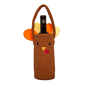 Pearhead Sherpa Turkey Wine Bottle Gift Bag, Thanksgiving Dinner Ideas, Funny Fall Housewarming Ideas, Holiday Party Hostess Gifts, Reusable Gift Bag, Soft Travel Wine Tote Carrier