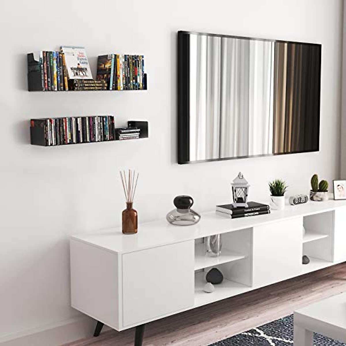 Wallniture Bali Floating Bookshelf and CD DVD Storage Shelves, Video Game Shelf Set of 2, Metal 24 Inch Black Floating Shelves for Wall