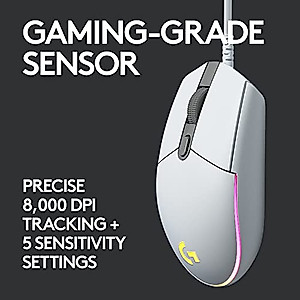 Logitech G102 Light Sync Gaming Mouse with Customizable RGB Lighting, 6 Programmable Buttons, Gaming Grade Sensor, 8 k dpi Tracking,16.8mn Color, Light Weight (White)