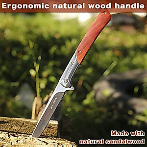 Wlikn Pocket Folding Knife with Belt Clip, 8.6in 3Cr15MoV Stainless Steel Blade Camping Knife, Wood Handle, EDC Outdoor Hunting Tactical Folding Knife Low Profile Slim Pocket Knife for Men