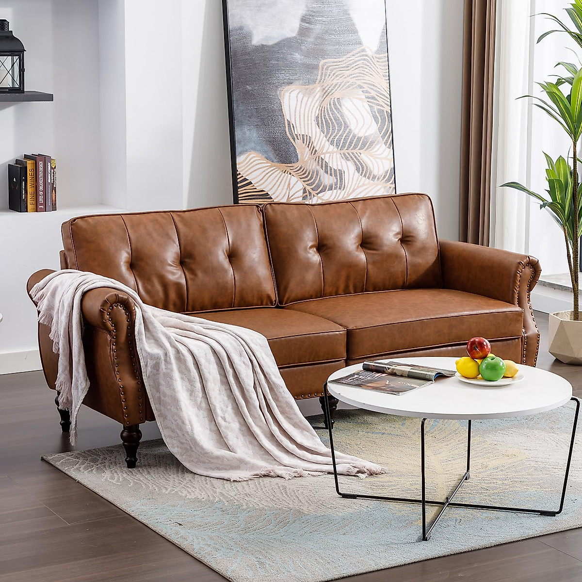 DIFY 80” Leather Faux Loveseat Sofa, Mid-Century Modern Couch with Soft Cushion and Firm Structure, Perfect Furniture for Living Room, Bedroom, Small Space.(Brown)