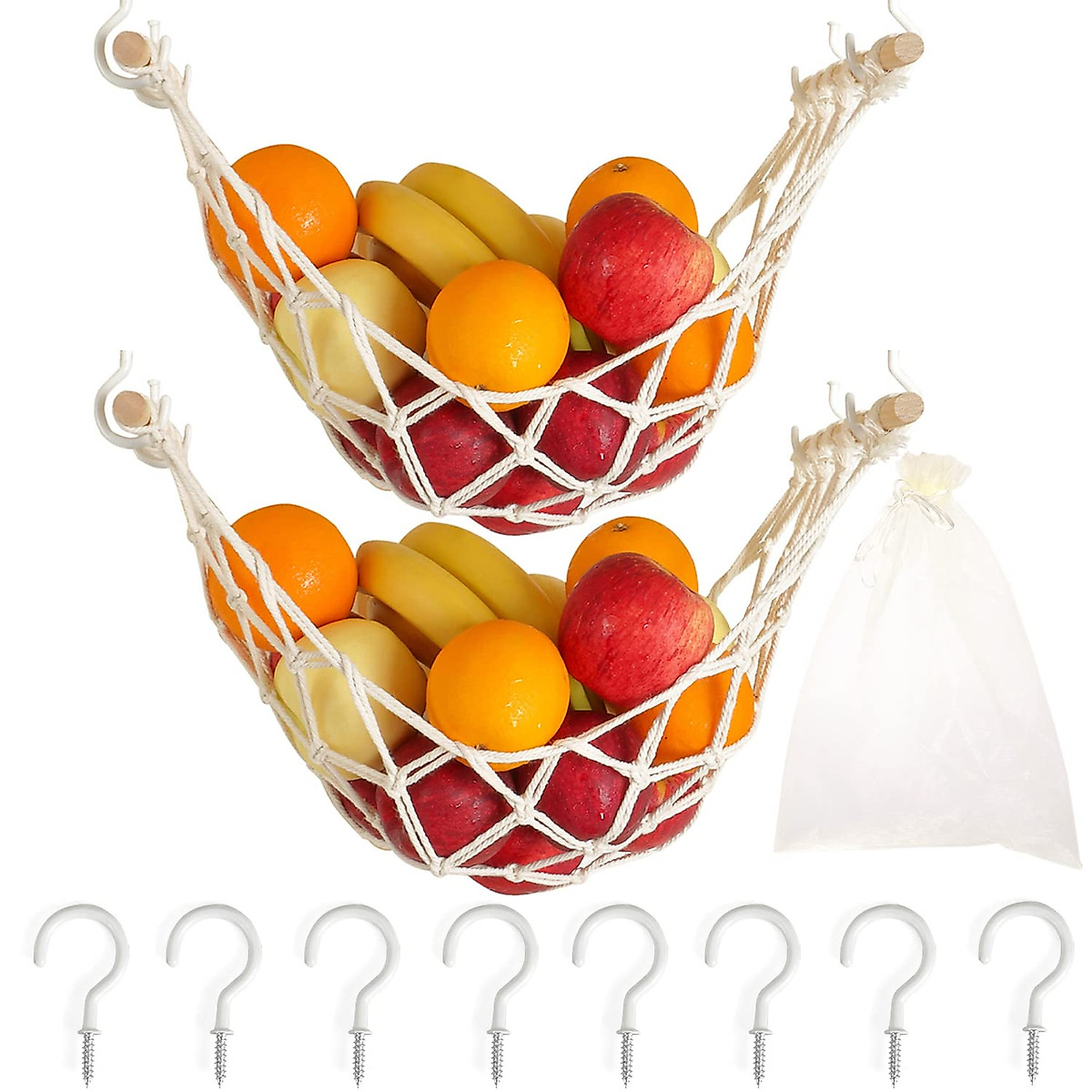 Evbopa Hanging Fruit Hammock for Kitchen Under Cabinet Macrame Fruit Basket for Bananas Fruit Storage with Hooks for Kitchen Décor