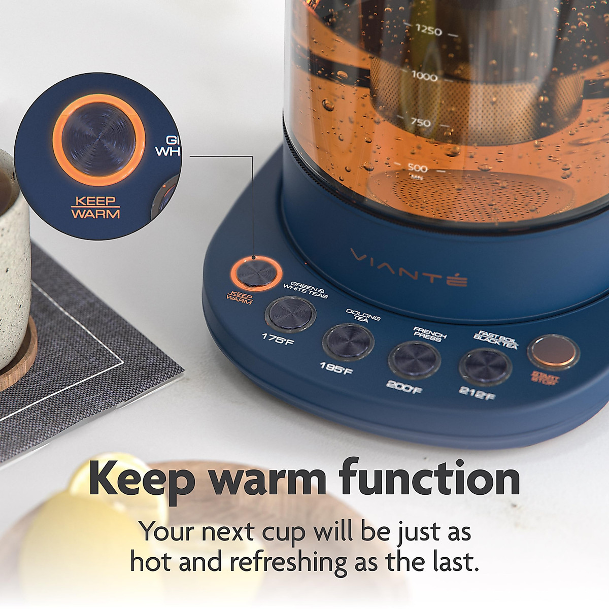 Vianté Electric Kettle With Tea Infuser For Loose Leaf Tea. Hot Tea Maker With Temperature Control And Automatic Shut Off. Tea Kettle With Brewing Programs. 1.5 Liters Capacity | Midnight Blue Color