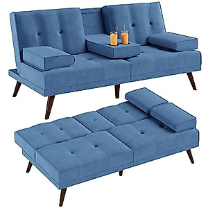 Shintenchi 60" Small Loveseat, 3 in 1 Cute Convertible Sofa Bed, Modern Futon Recliner Sleeper w/2 Cup Holder, Upholstered Folding Couch for Small Space, Blue