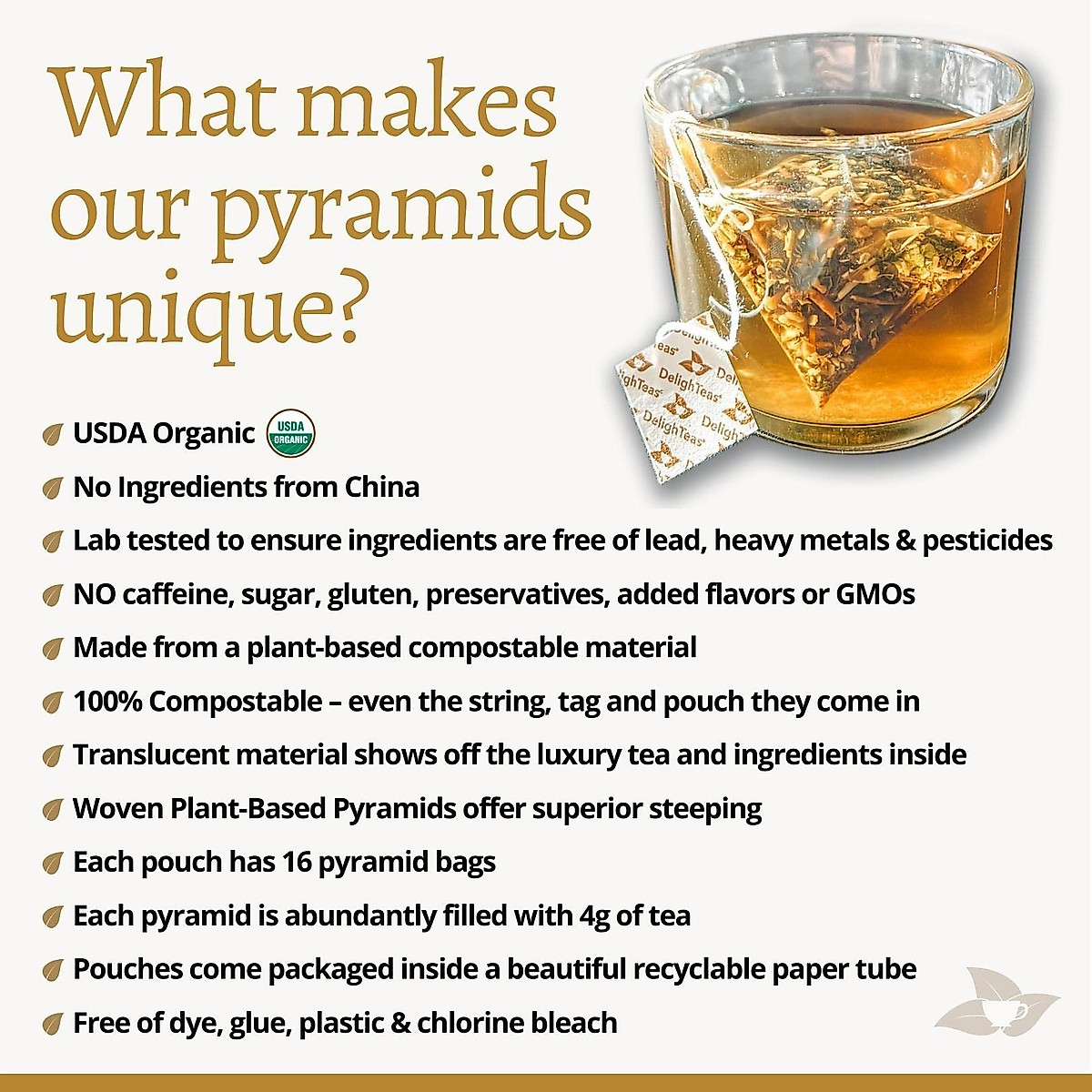 DelighTeas Organic Digest & Detox CCF Tea | Eco-friendly, Compostable Pyramid Tea Bags | Ayurvedic Cumin, Coriander, Fennel Tea | USDA Organic, Caffeine Free, Kosher | 16 Tea Bags, 4g each