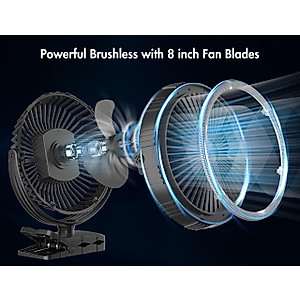 GRANDFAST 10000mAh Rechargeable Clip On Fan - 8" Battery Operated Fan with Timer, Strong Airflow Portable Battery Powered Fan with Light & Hook for Camping Outdoor Office Home Hurricane Power Outage