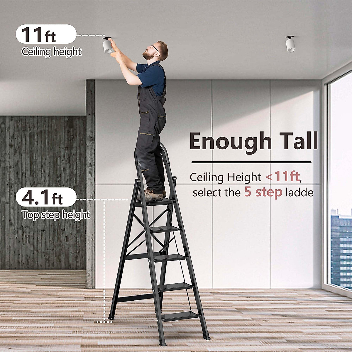 GameGem Lightweight Aluminum 5 Step Ladder Folding Step Stool with Convenient Handgrip Stepladders for 10 Foot High Ceiling with Anti-Slip and Wide Pedal for Home Use Space Saving - Brown Gold