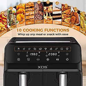 XDS 10-in-1 Dual Basket Air Fryer, 8-qt Oilless Cooker for Roasting, Baking, Dehydrate, Reheating and more, 2 Independent Baskets, Digital Touchscreen, Dishwasher-Safe Basket