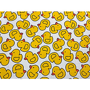 AMORNPHAN 44 Inch Yellow Bird Happy Rubber Duck Printed On White Cotton Fabric Themed Pattern with Ducks for Craft Cloth Kid Patchwork Handmade Sewing Crafting for 1 Yard