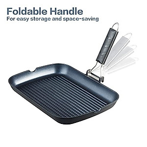 S·KITCHN Grill Pan with Folding Handle, Nonstick Grill Pan for Stove Tops, Induction Compatible KBBQ Grill Pan with Pour Spouts, Indoor Rectangle BBQ Grilling Pan - 13 × 9IN