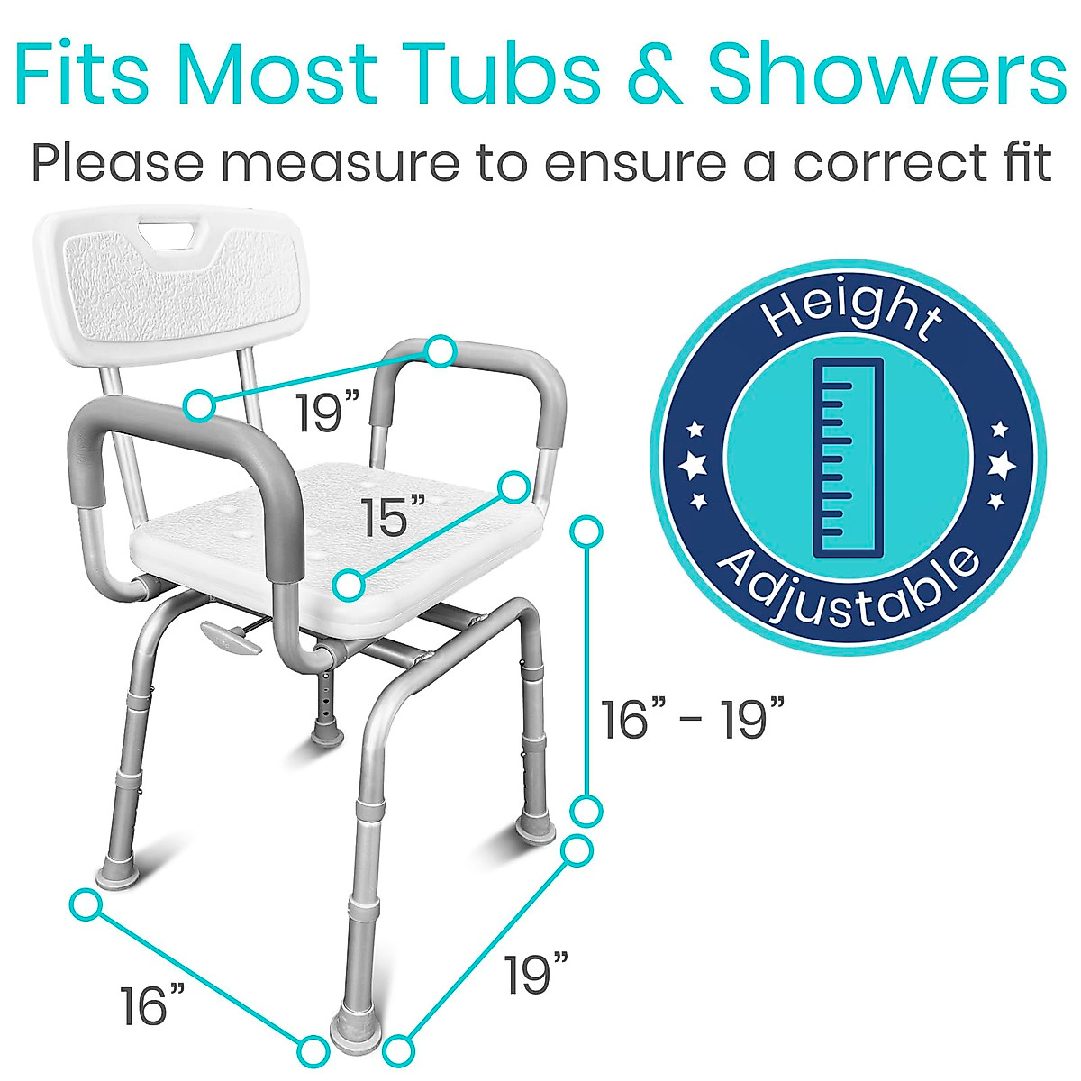 Vive Swivel Shower Chair for Seniors, Elderly, Disabled - Narrow Handicap Tub Bench for Inside Shower - with Arms & Back, Height Adjustable - 360° Rotating Bathtub Seat for Easy Mobility