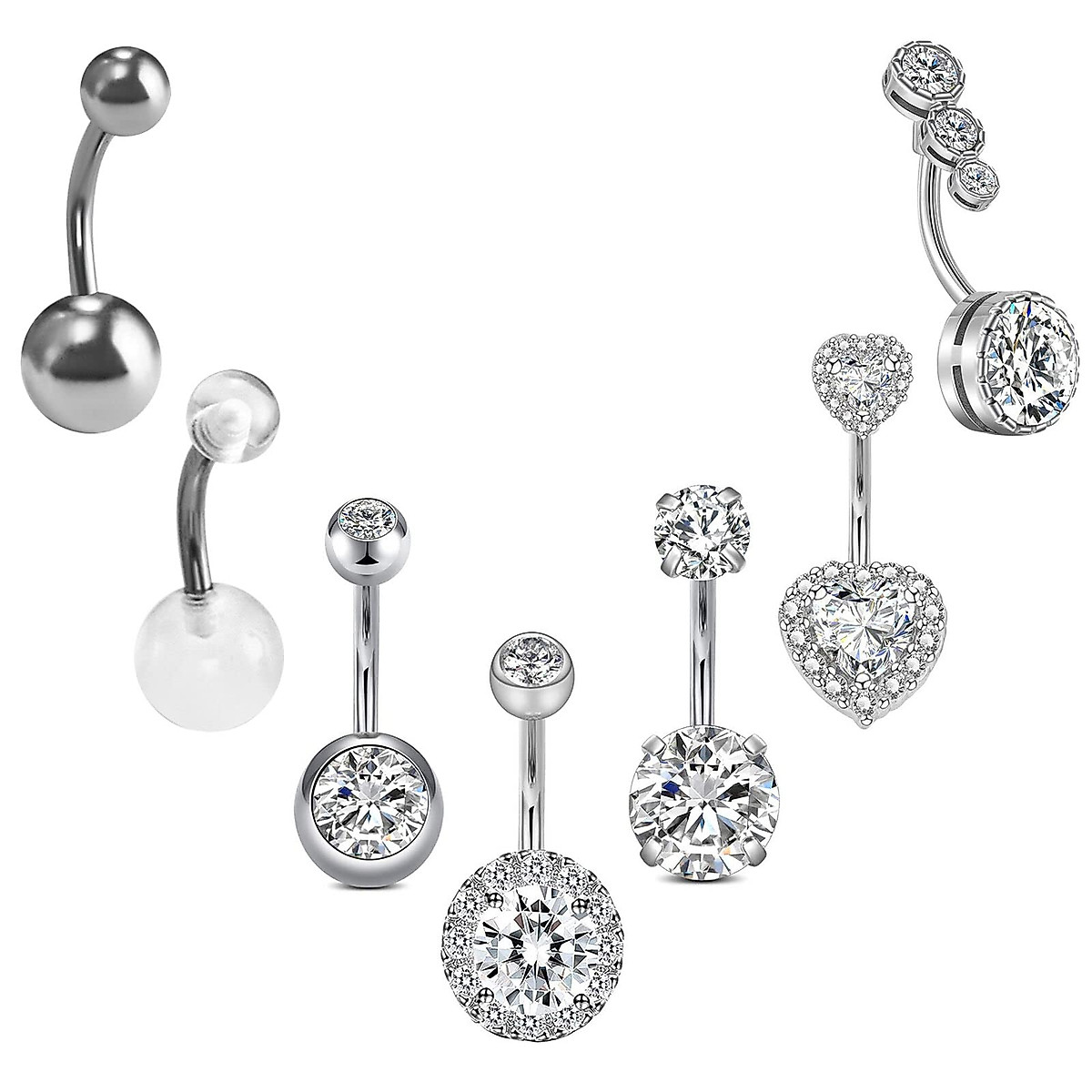7pcs 14G Surgical Steel Clear CZ Belly Button Rings Navel Rings Barbell Piercing Style_GHT-875-638