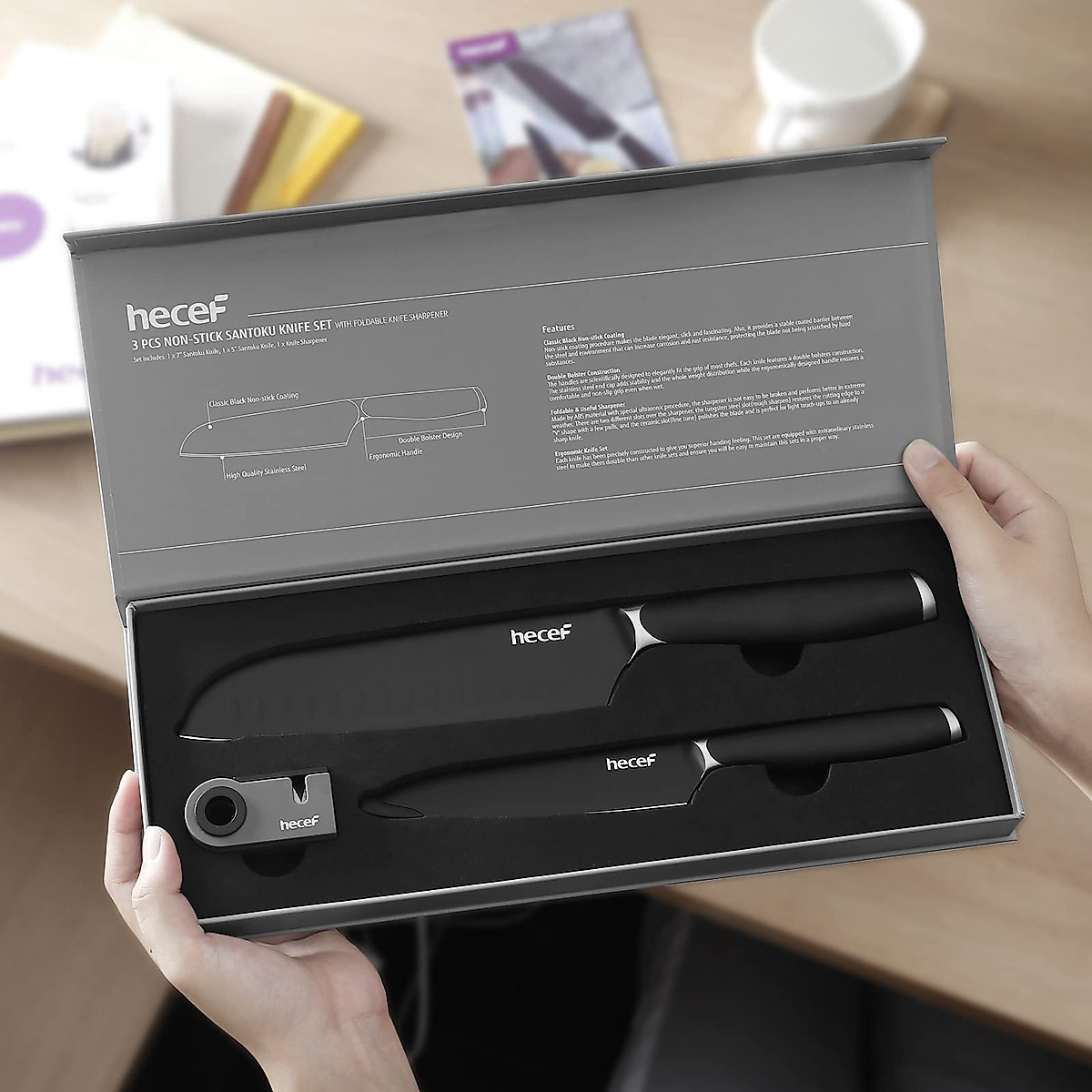 hecef Kitchen Knife Set with Mini Knife Sharpener, 3 PCS Professional Knives Set for Kitchen, Professional Knives Set Full Tang with Gift Box for Cutting Meat, Fruit, Vegetables