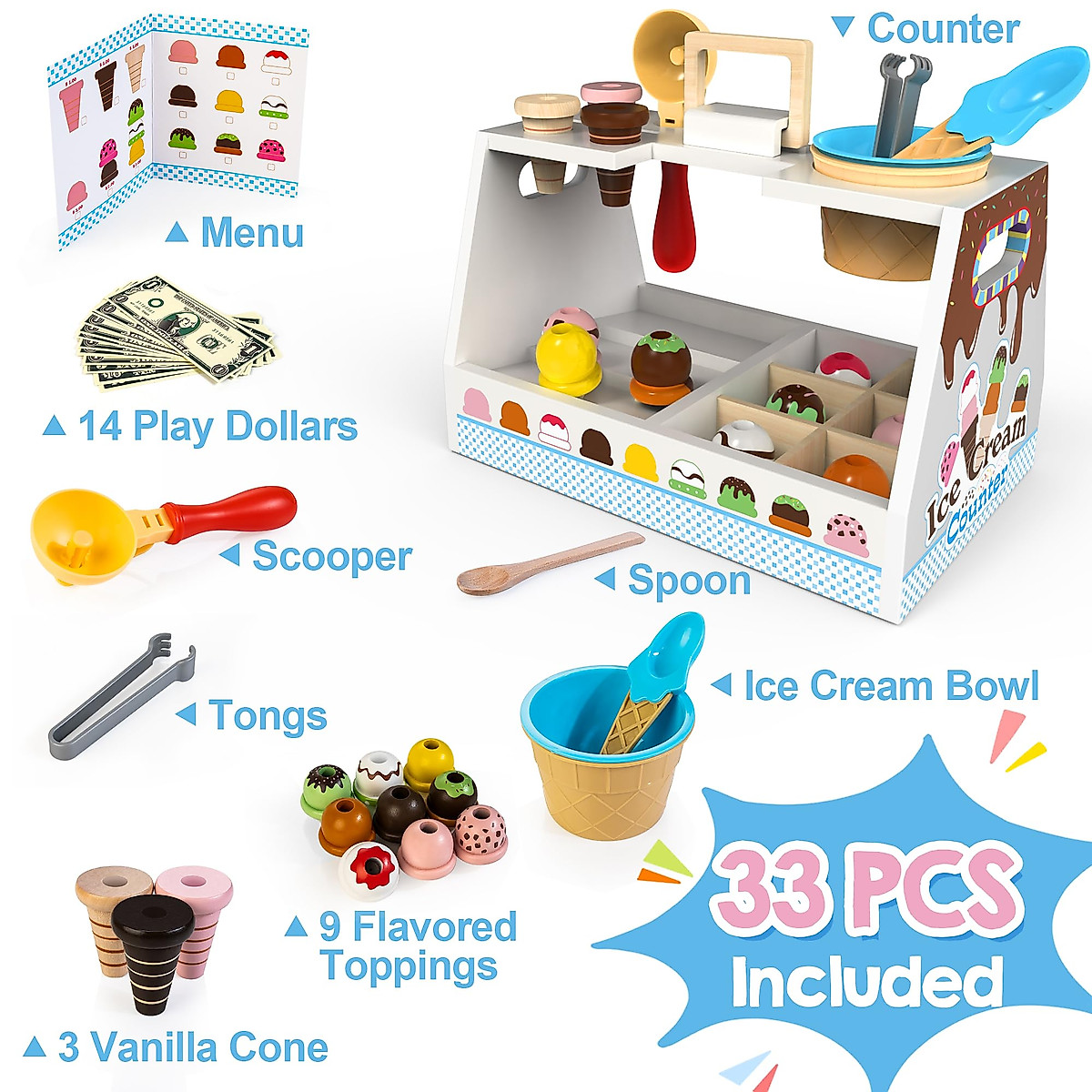 Wooden Ice Cream Toy for Kids, 33 PCS Pretend Play Food for Toddlers 3-5 Portable Ice Cream Stacking Toy, Montessori Toddler Toy Kitchen Playset Gift for Ages 3+
