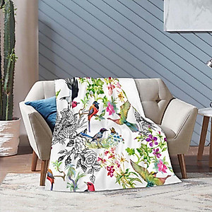 Throw Blanket 30x40 Inch,Green Leaves Flowers Colorful Birds Flannel Soft Cozy Fluffy Throw Blankets and Warm Throws for Adults in Couch Sofa Bed 40x30 Inch