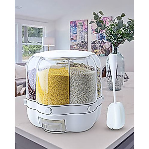 WOWFUNNY Grain Dispenser, 7.2 Qt Rotating Rice Dispenser Storage Container, 6-Compartment Dry Food Dispenser with Measuring Cup, Food Storage Containers for Kitchen Small Grains, Beans, Rice (7.2Qt)