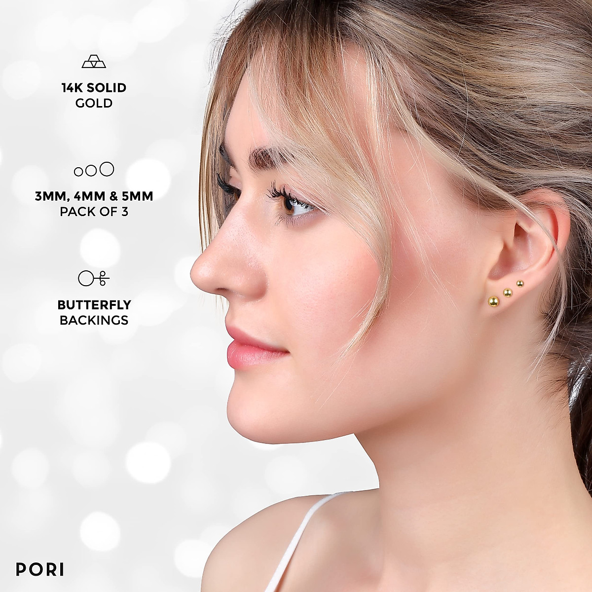 PORI JEWELERS 14K Solid Gold Ball Stud Earrings (3-Pair-Pack) 3MM 4MM and 5MM… Choose a Color (Yellow)