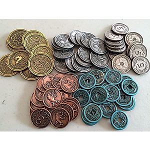 Stonemaier Games: Metal Coins (Scythe and Expeditions) | Metal Coins to Enhance Your Gameplay | 80 Coins with Unique Colors and Sides for Each Denomination - Values Include 1, 3, 5,10, and 20