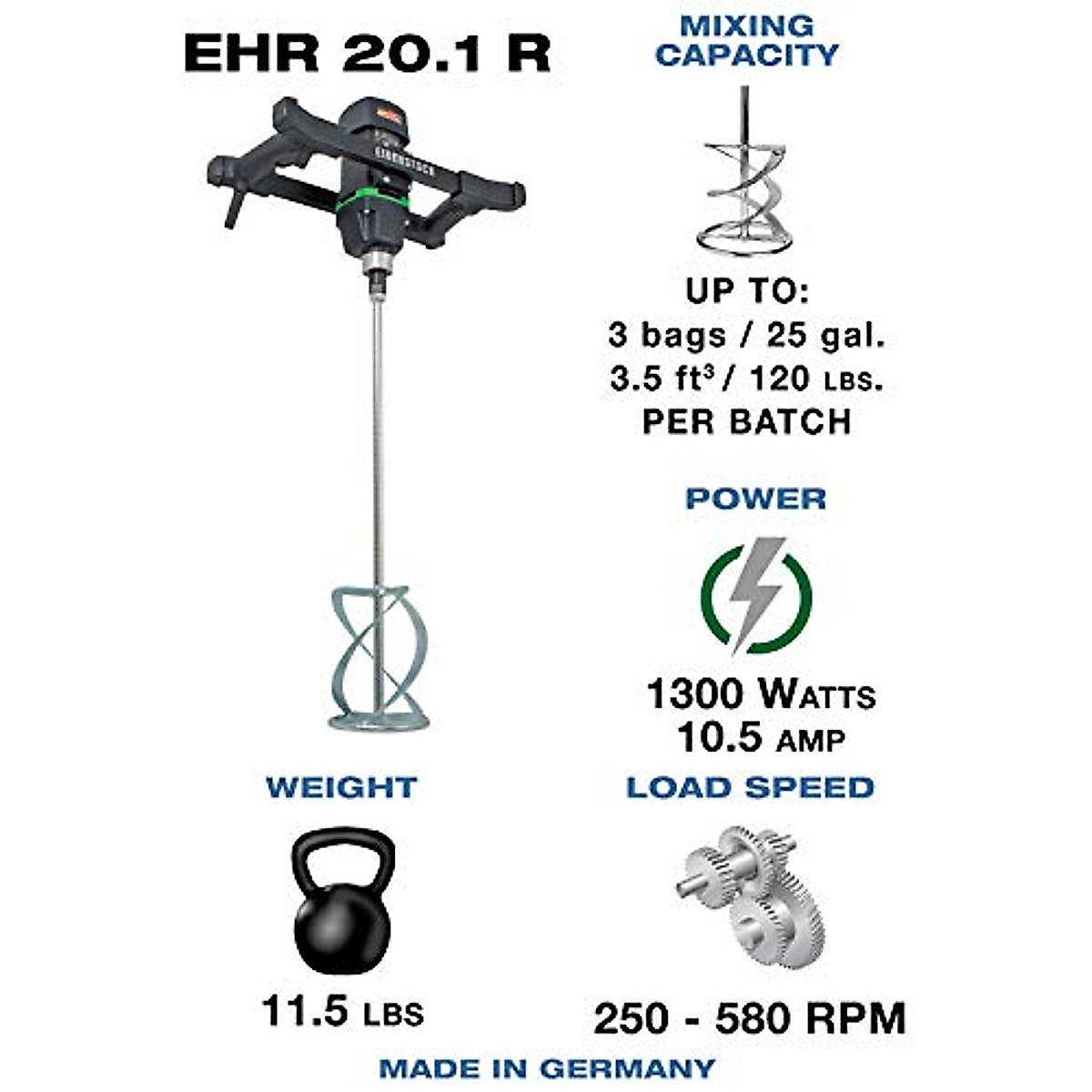 CS Unitec EHR 20.1 R Set Portable Hand-Held Electric Concrete Mixer Including MG 140 Paddle, 10.5 Amp, 110 VAC, 900 lb. per Hour