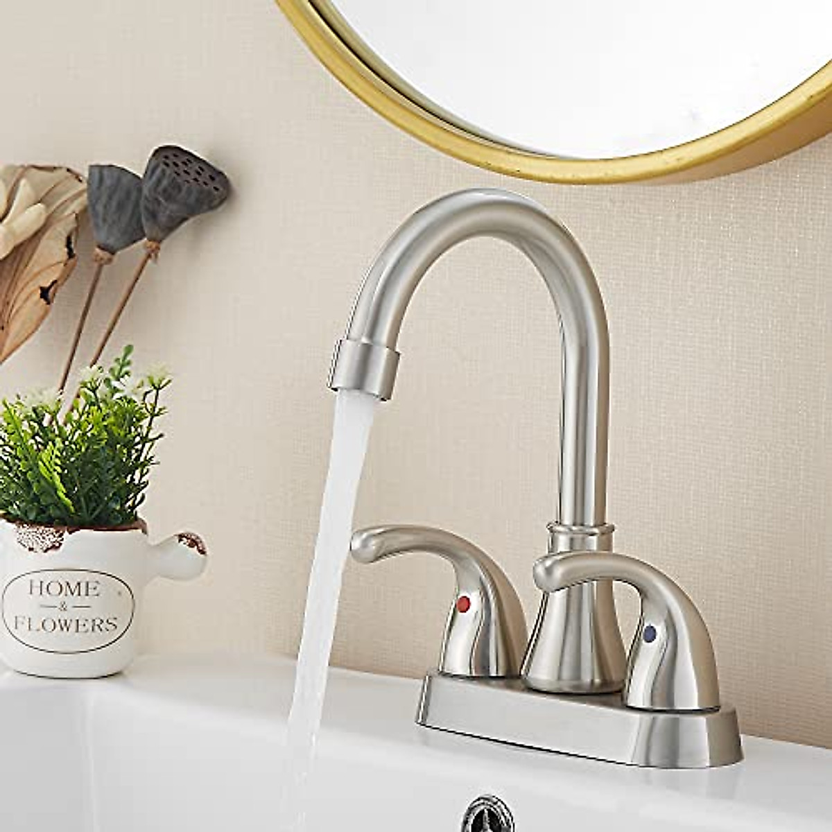 Bathroom Sink Faucet FRANSITON 4 Inch Faucet 2 Handle Bathroom Sink Faucet Lead-Free Brushed Nickel Bath Sink Faucet with Pop-up Drain Stopper and Supply Hoses
