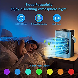 Portable Air Conditioners Cooling Fan – Daonsuty Evaporative Mini Air Conditioner Portable with 3 Cool Mist & 3 Speeds, 7 Night Light & 2-8H Timer, Personal Air Cooler for Bedroom Office Camping