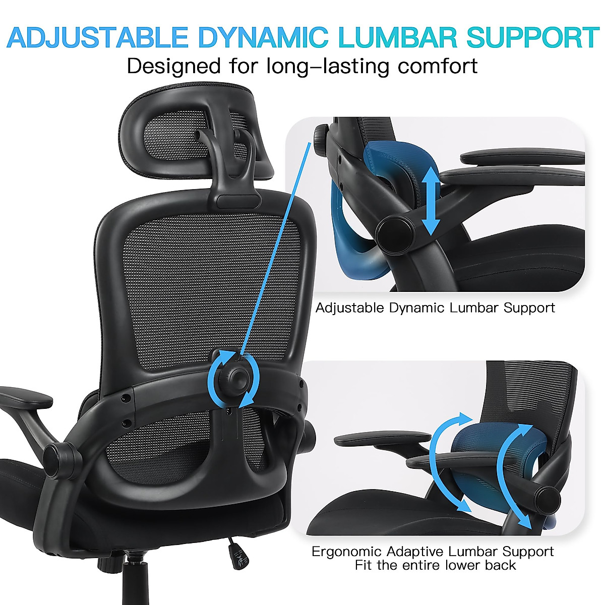 FAMSINGO Ergonomic Mesh Office Chair, High Back Comfortable Desk Chair with Adjustable Lumbar Support, Headrest and Flip-up arms, Wide Memory Foam Seat, Executive Swivel Chair(Black)
