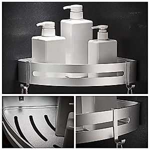 pentaQ 2 Pack Corner Shower Shelves with 8 Removable Hooks, No Drilling Adhesive Wall Mounted Aluminum Bathroom Shelf, Corner Shower Caddy Shelf Basket Shampoo Holder Organizer