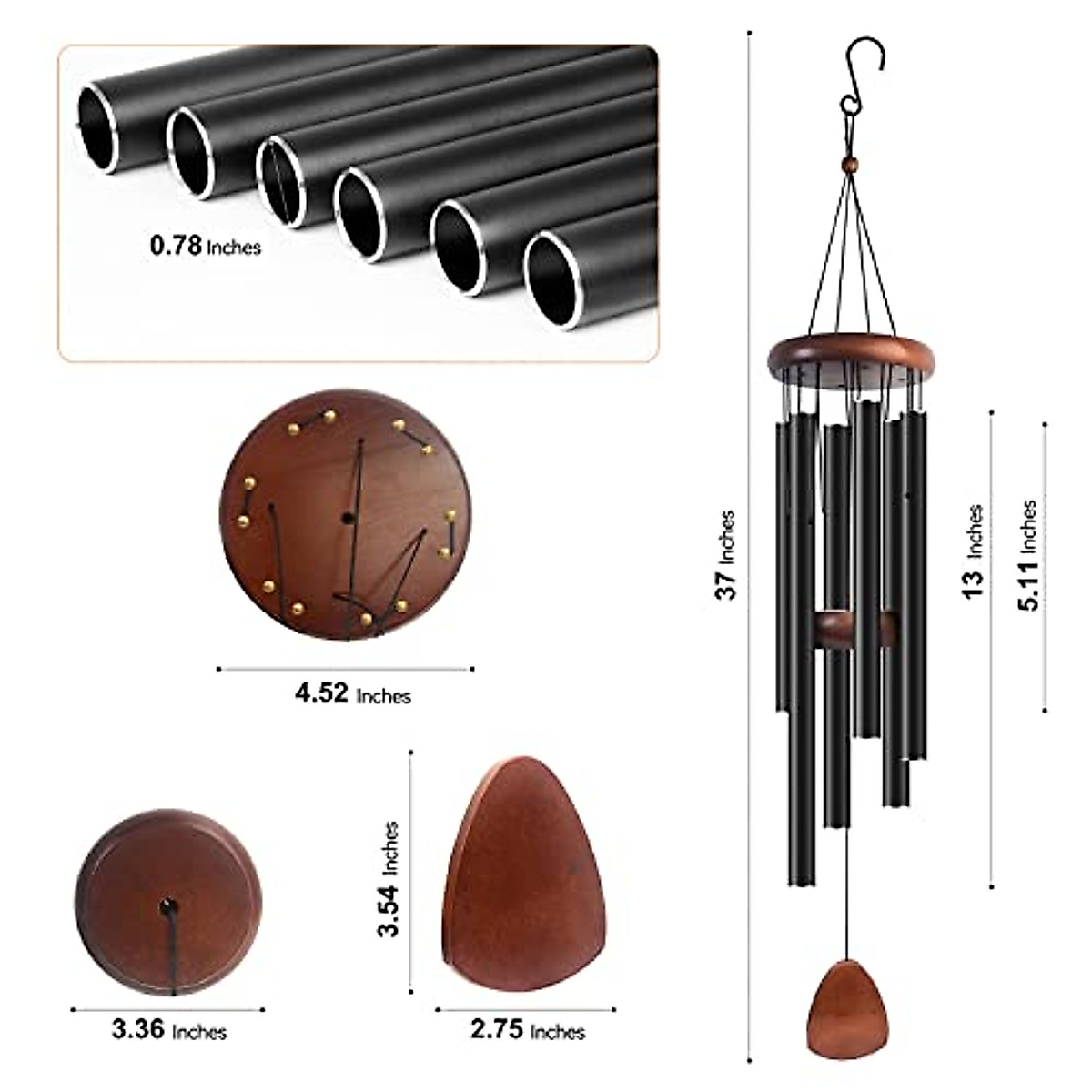 Litu Wind Chimes for Outside with Wood Wind Catcher, 37 Inches Large Aluminum Windchimes Outdoors for Patio Decoration & Zen Atmosphere, Great as a Gift for Family & Relative(Black)