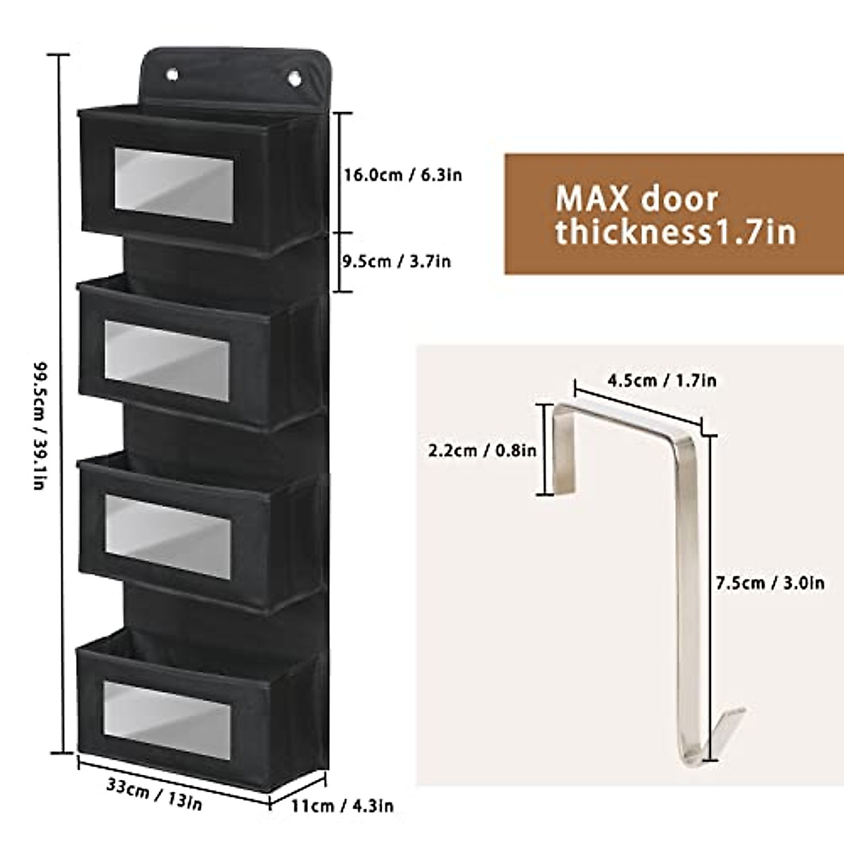 FYY Over the Door Organizer, 4-Shelf Wall Mount Hanging Pantry Storage Pocket with Clear Window for Bedroom Bathroom Kitchen Nursery Closet Dorm Storage Cosmetics, Stationery, Sundries, Toys Black