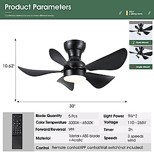 Kviflon Ceiling Fans with Lights and Remote/APP Control, 30 inch Low Profile Ceiling Fans with 5 Reversible Blades 3 Colors Dimmable 6 Speeds Ceiling Fan for Bedroom Kids Room Dining Room, Black