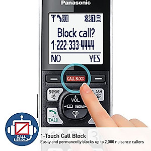 Panasonic Cordless Phone with Advanced Call Block, Link2Cell Bluetooth, One-Ring Scam Alert, and 2-Way Recording with Answering Machine, 5 Handsets - KX-TGF975B (Black with Silver Trim)