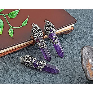 Top Plaza Bundle - 2 Items: Natural Crystal Amethyst Antique Silver Flower Necklace & Tree of Life Wire Wrapped Heart Shape Stone Pendant Necklace